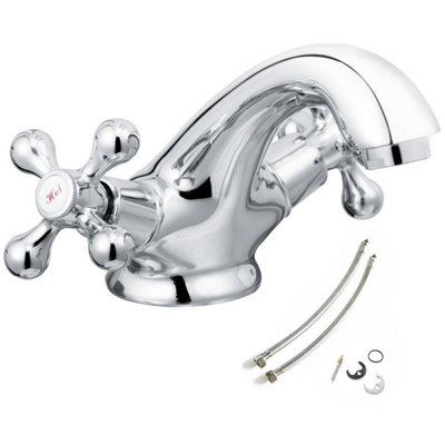 Cascade Penridge Traditional Basin Mixer Tap Chrome + Flexi Tails Hoses