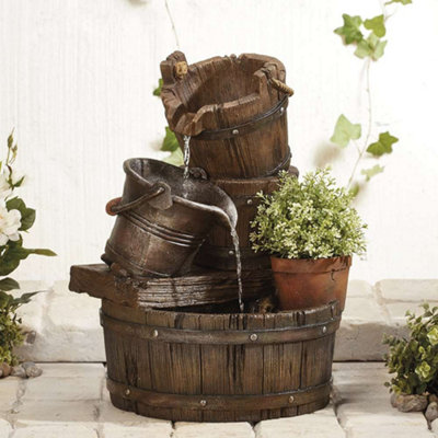 Cascading Barrel & Bucket Water Feature with Flower Planter, Outdoor ...