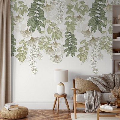 Cascading Sprigs 3 lane Repeatable Wallpaper Mural, Green | DIY at B&Q