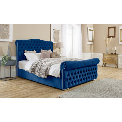 Casonova Plush Bed Frame With Chesterfield Headboard - Blue | DIY at B&Q