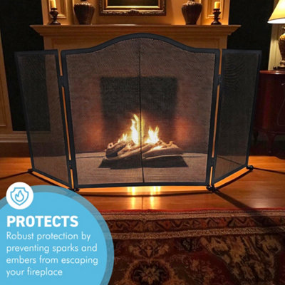 Cast Iron 3 Panel Folding Mesh Fire Guard 96 x 60.5 cm Durable Rust ...
