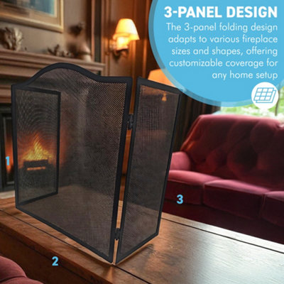 Cast Iron 3 Panel Folding Mesh Fire Guard 96 x 60.5 cm Durable Rust ...