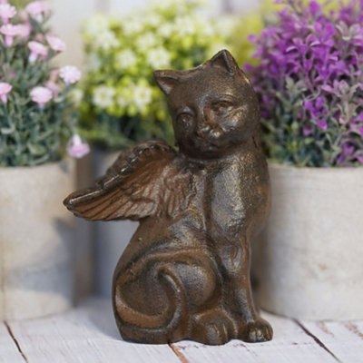 Cast Iron Angel Cat Kitten Memorial Antique Metal Home Garden Ornament ...