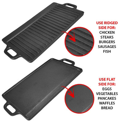 Cast Iron Reversible Griddle Pan Non-Stick Coating Gas Electric Hobs