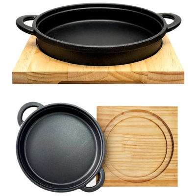 Cast Iron Steak Sizzler Cookware Backing Pot Skillet Grill Wood Serving ...
