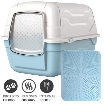 CAT CENTRE Blue Hooded Large Litter Box with Mat - Scoop and Filter ...