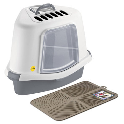CAT CENTRE Corner Cat Litter Tray With Lid Grey Tray Mat Hygienic Scoop ...