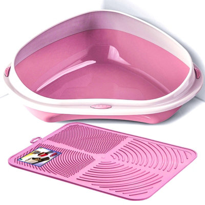 CAT CENTRE Corner Jumbo Tray + Litter Tray Mat Set in Pink