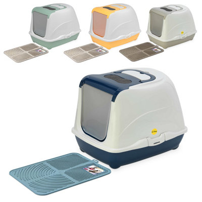 CAT CENTRE Dark Blue Hooded Flip Cat Litter Tray + Blue Tray Mat ...