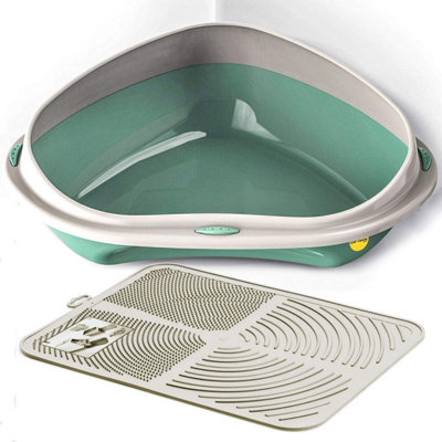 CAT CENTRE Green Jumbo Corner Litter Tray with Cream Nonslip Mat