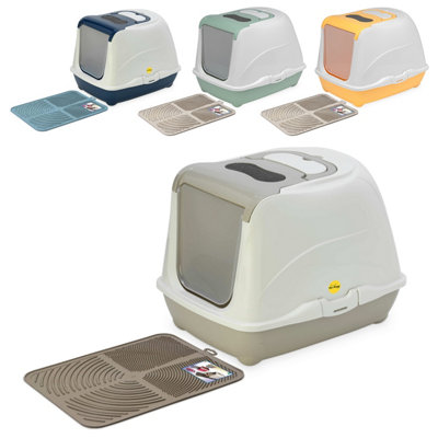 CAT CENTRE Grey Hooded Flip Cat Litter Tray + Grey Tray Mat + Filter ...