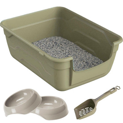 CAT CENTRE Grey Large Cat Open Litter Tray + 2 0.35L Bowls + Scoop ...