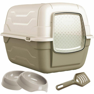 CAT CENTRE Grey Roto Litter Tray + 2 x Gusto Bowls 0.35L + Scoop