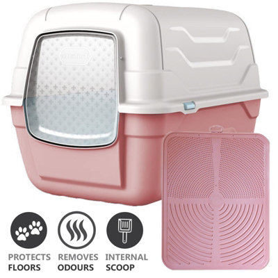 CAT CENTRE Pink Hooded Large Litter Box with Mat - Scoop and Filter ...