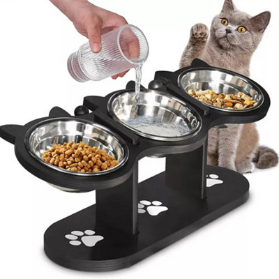 Cat Dog Food Feeding Stand Station Stainless Three Raised Bowls Wooden ...