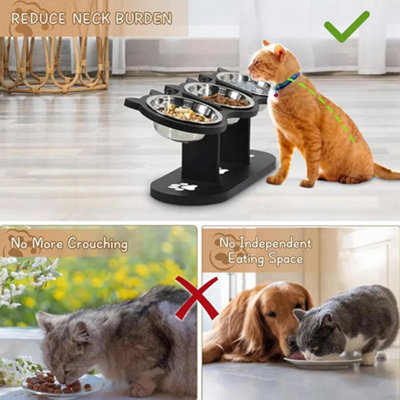 Cat Dog Food Feeding Stand Station Stainless Three Raised Bowls Wooden ...