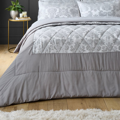 Catherine Lansfield Bedroom Damask Jacquard Quilted 240x260cm Bedspread Silver Grey | DIY at B&Q