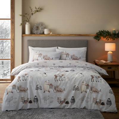 Catherine Lansfield Brushed Cotton Winter Animals Reversible Duvet Cover Set with Pillowcase ...