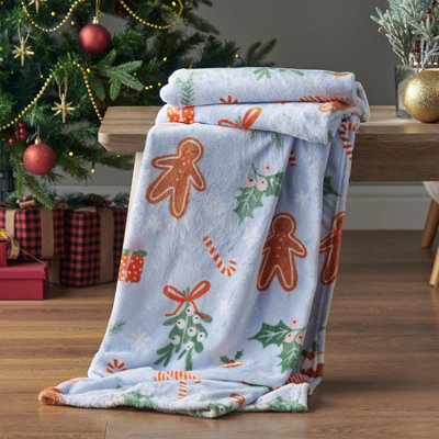 Catherine Lansfield Christmas Gingerbread Cosy Fleece Blanket Throw Blue