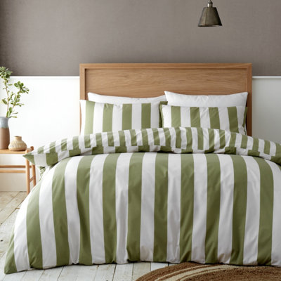 Catherine Lansfield Cove Stripe Reversible Duvet Cover Set with Pillowcases Green at B&Q