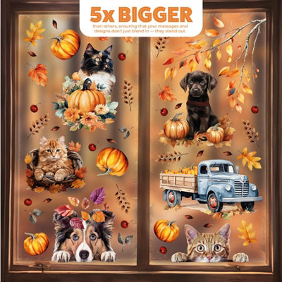 Cats & Dogs Enjoying The Autumn Window Clings - Double-Sided Fall ...