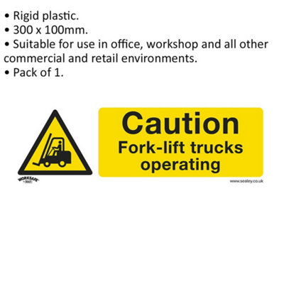 Caution Fork-Lift Trucks Safety Sign - Durable Rigid Plastic 300mm x 100mm