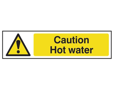Caution Hot Water Safety Sign - Durable PVC 200 x 50mm