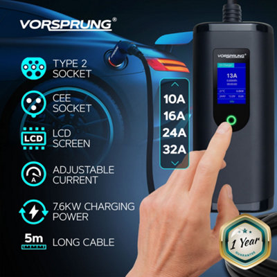 CEE Plug to Type 2 7.4kw Portable EV Charger - Commando Socket - 5 Metres - Free Carry Bag