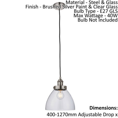 Ceiling Pendant Light - Brushed Silver Paint & Clear Glass - 40W E27 ...