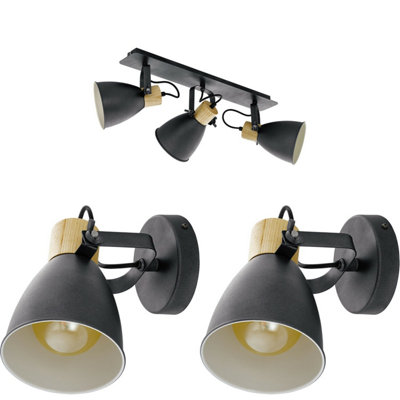 Ceiling Spot Light & 2x Matching Wall Lights Black & Wood Adjustable ...
