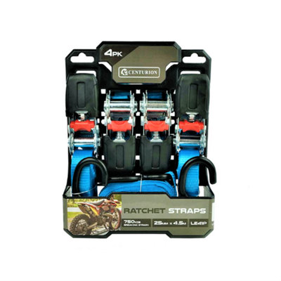 Centurion 4.5m Ratchet Tie Down Strap Pack of 4 S Hook Fastening 750kg ...
