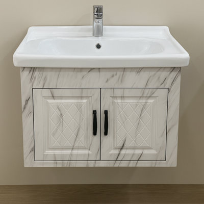 Ceramic Basin & Marble Effect Wall Hung Vanity Unit with Doors