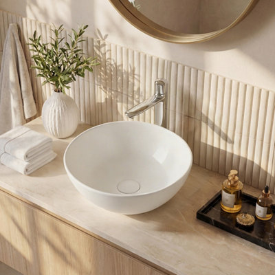 Ceramic Countertop Basin with Central Drain Set White Bowl Shape Basin