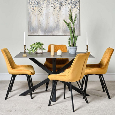 Ceramic top black stone effect dining table modern style with metal ...