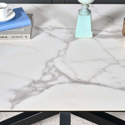 Ceramic white stone effect dining table with metal legs modern style ...