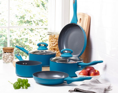 Cermalon 5-Piece Matt Teal Non-Stick Cookware Set | DIY at B&Q