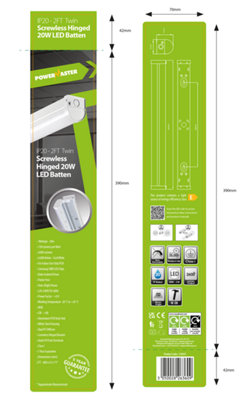CGC 20W Twin LED Batten 2ft 0.6m IP20 Hinged Strip Light 2600 Lumen 4000K