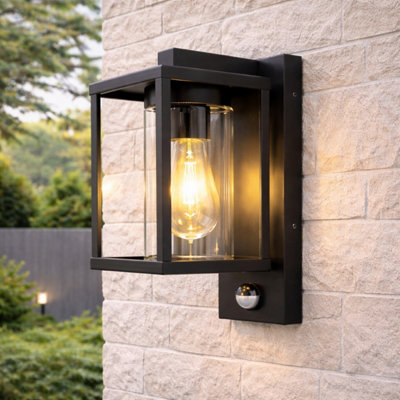 CGC ABEL Matt Black Box Lantern Wall Light with PIR Motion Sensor