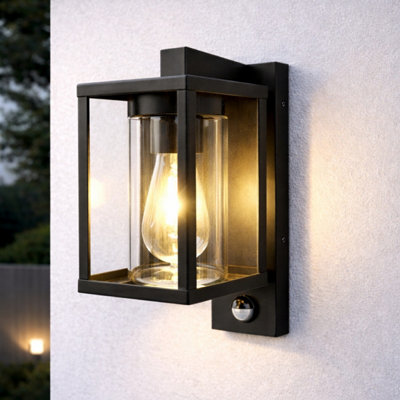 CGC ABEL Matt Black Box Lantern Wall Light with PIR Motion Sensor