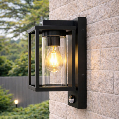 CGC ABEL Matt Black Box Lantern Wall Light with PIR Motion Sensor