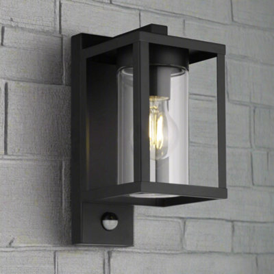 CGC ABEL Matt Black Box Lantern Wall Light with PIR Motion Sensor