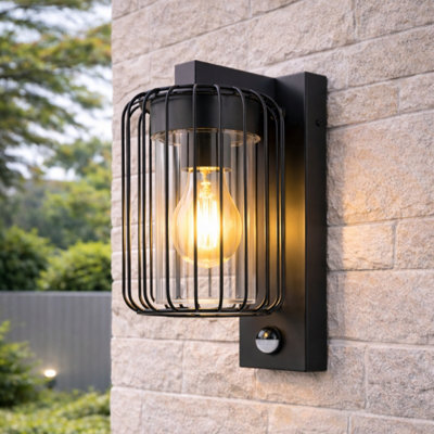 CGC Alvin PIR Motion Sensor Black Outdoor Cage Wall Lantern Light with ...