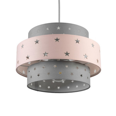CGC STARLIGHT Grey & Pink Star Two Tier Easy Fit Lamp Shade Kids Childrens