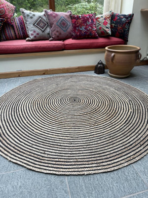 Shop CHAKKAR DARK Stripe Round Jute Beige Black Rug / 60 cm Diameter