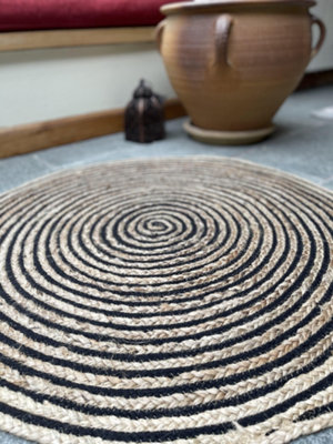 Shop CHAKKAR DARK Stripe Round Jute Beige Black Rug / 60 cm Diameter