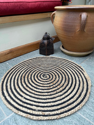 Shop CHAKKAR DARK Stripe Round Jute Beige Black Rug / 60 cm Diameter