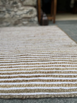 CHAKKAR PALE Stripe Square Jute Beige Hall Rug / 180 cm x 180 cm