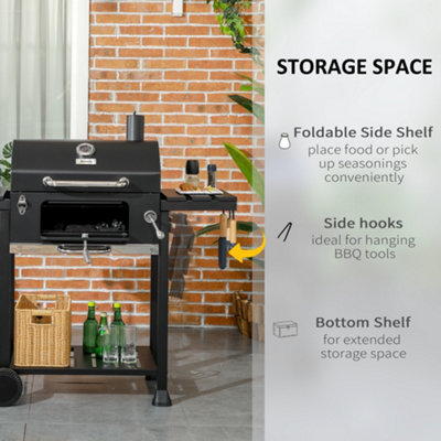 Charcoal BBQ Grill Smoker Trolley with Shelves, Bottle Opener and Wheels