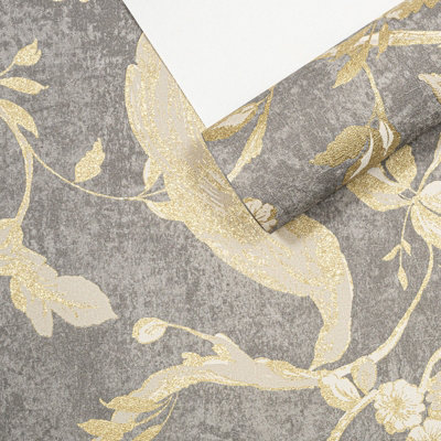 Charcoal Gold Floral Wallpaper Birds Metallic Shimmer Textured Vinyl ...