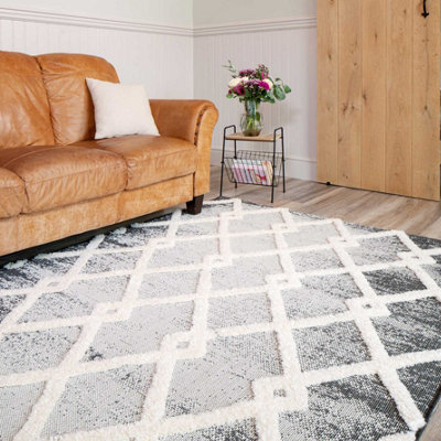 Charcoal Grey Diamond Trellis Textured Flatweave Indoor Outdoor Easy ...